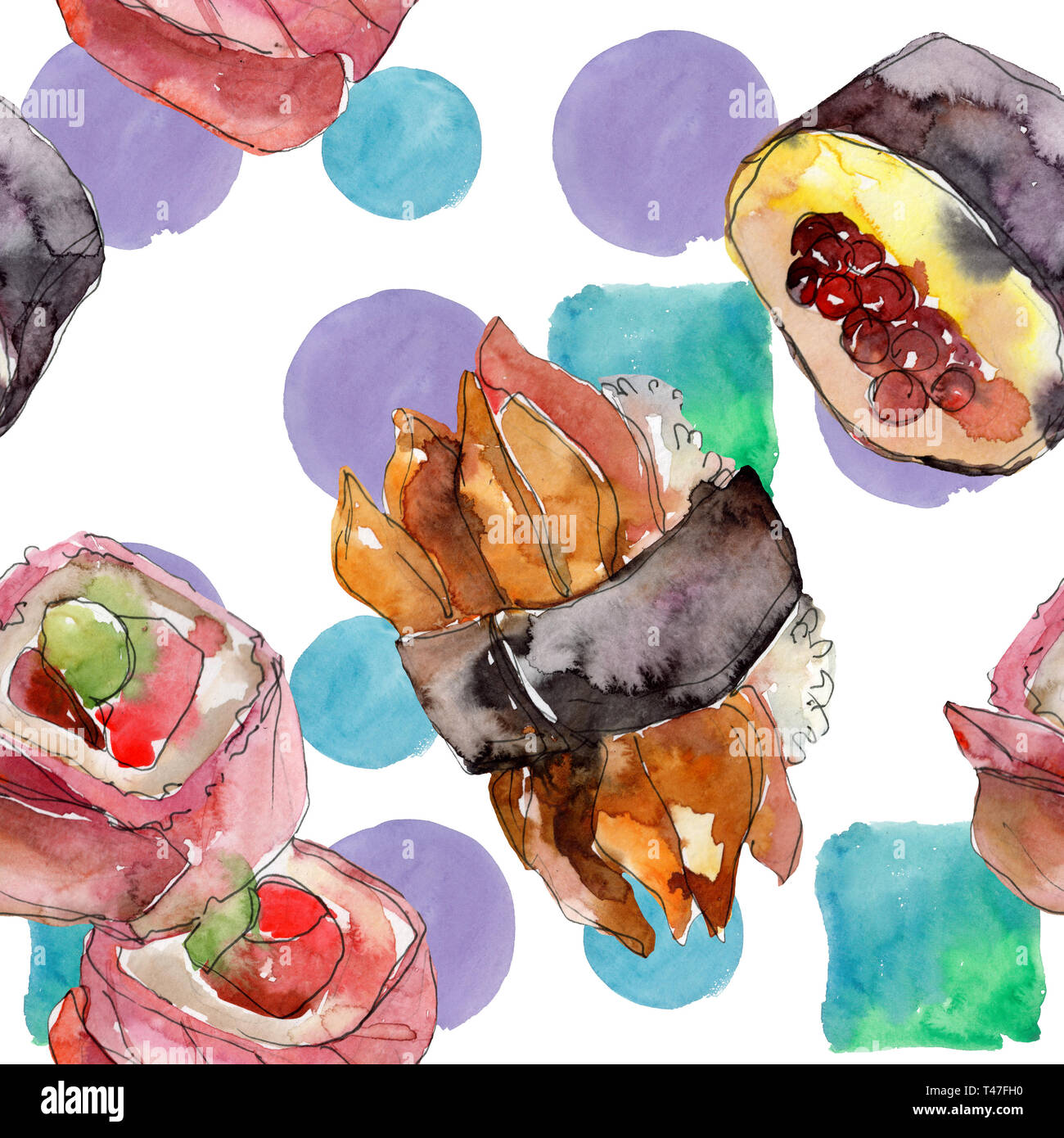 Watercolor sushi set of beautiful tasty japanese food illustration ...