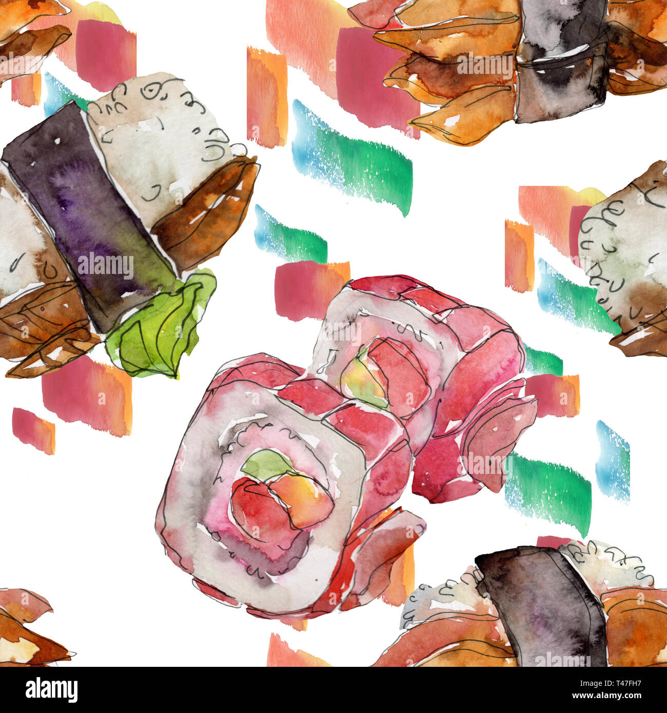 Watercolor sushi set of beautiful tasty japanese food illustration ...