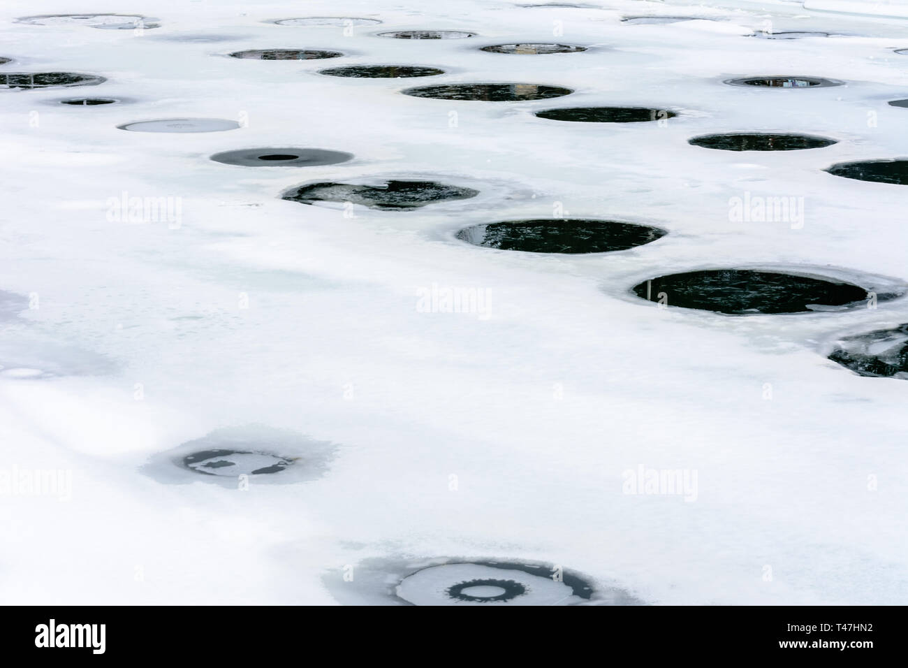 A large number of holes, holes and holes on the ice-covered lake ...