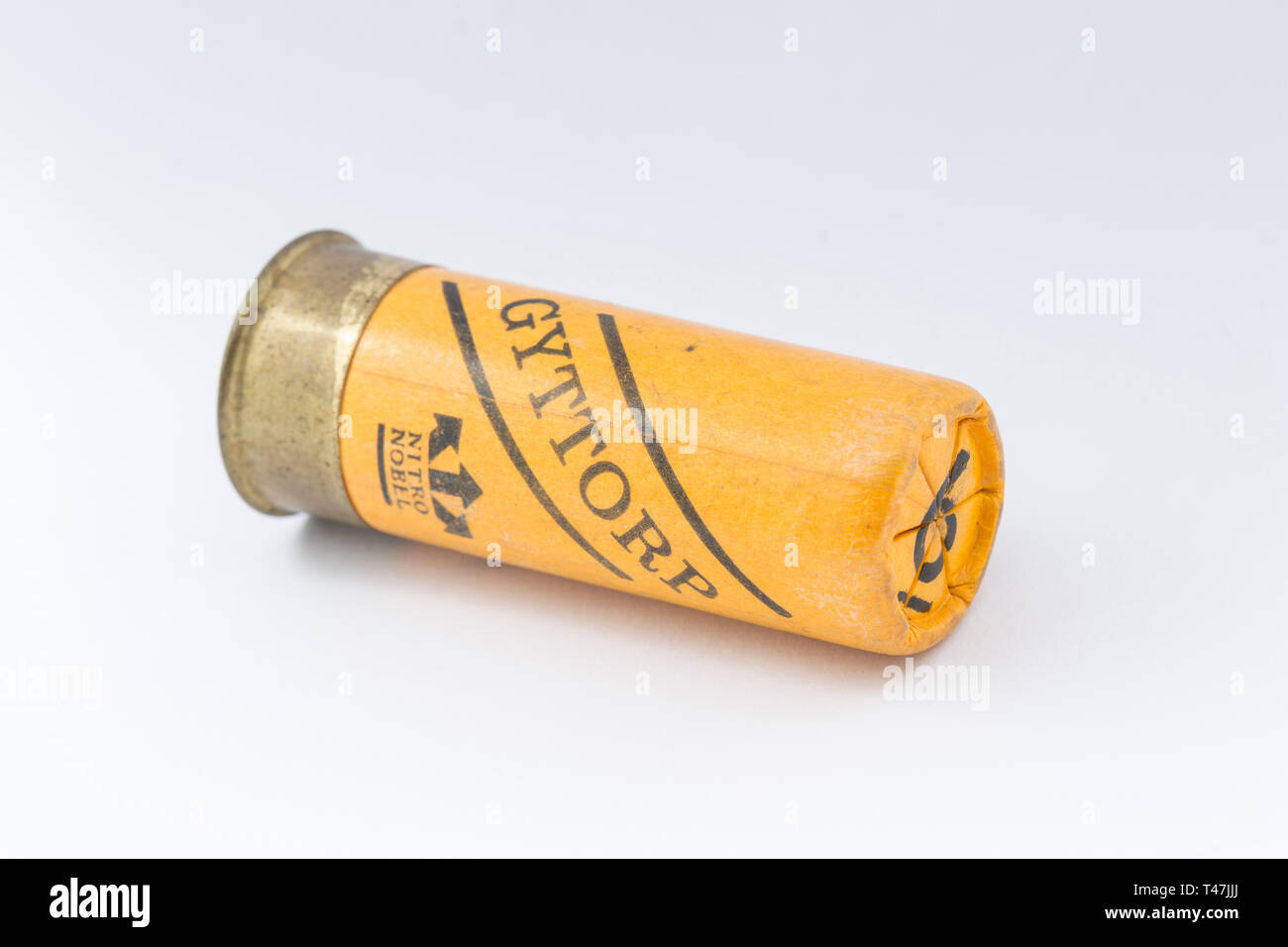 An old paper case Gyttorp 12 gauge shotgun cartridge loaded with No 6 ...