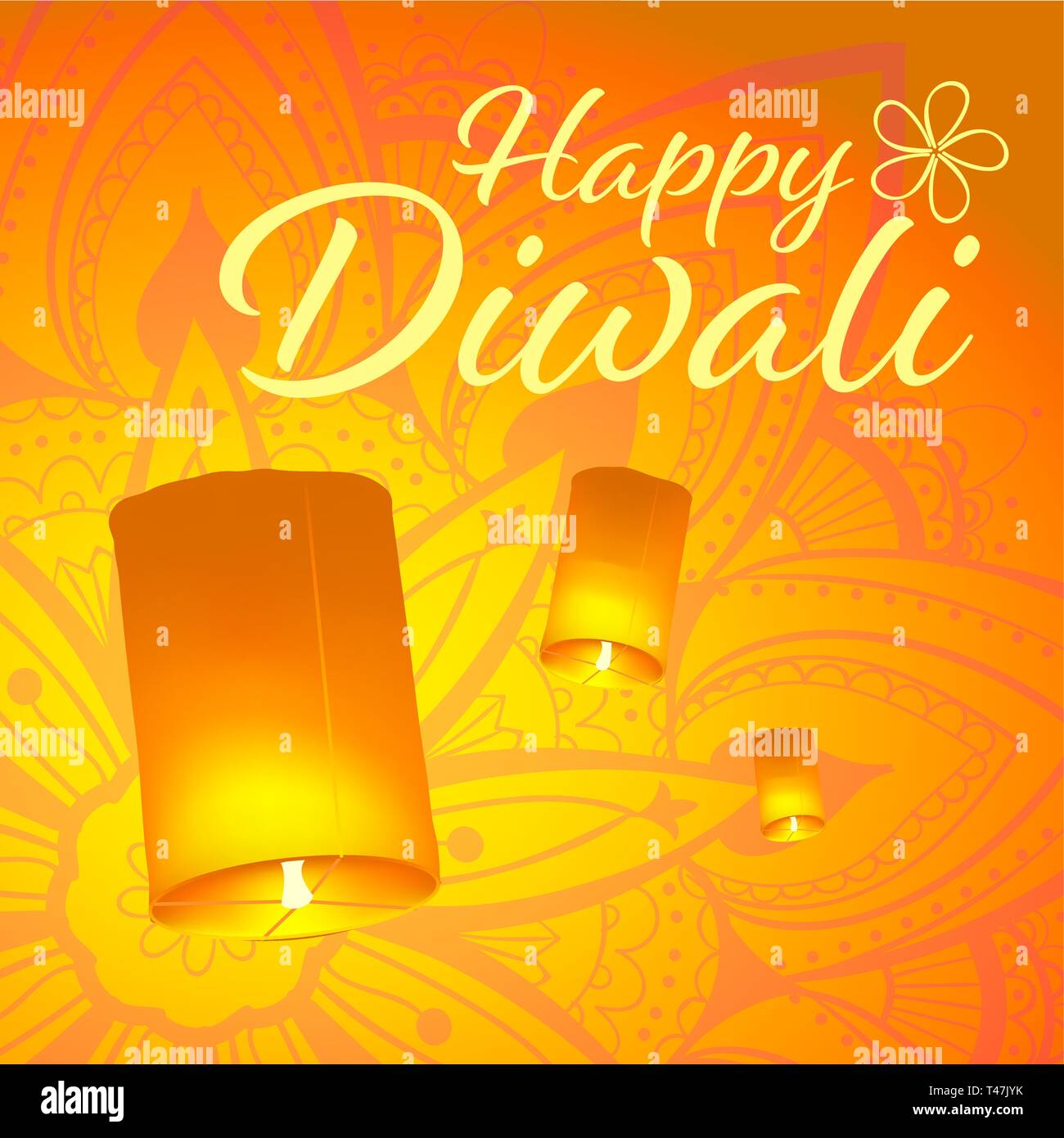 Post card for Diwali festival with realistic sky lanterns and mandala ...