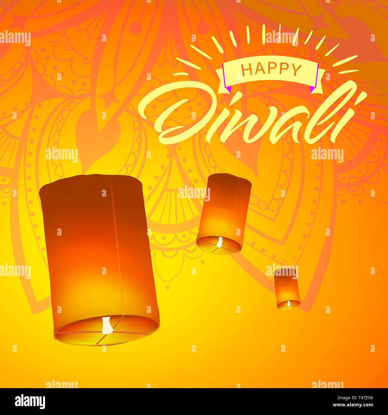 Post card for Diwali festival with realistic sky lanterns and mandala ...