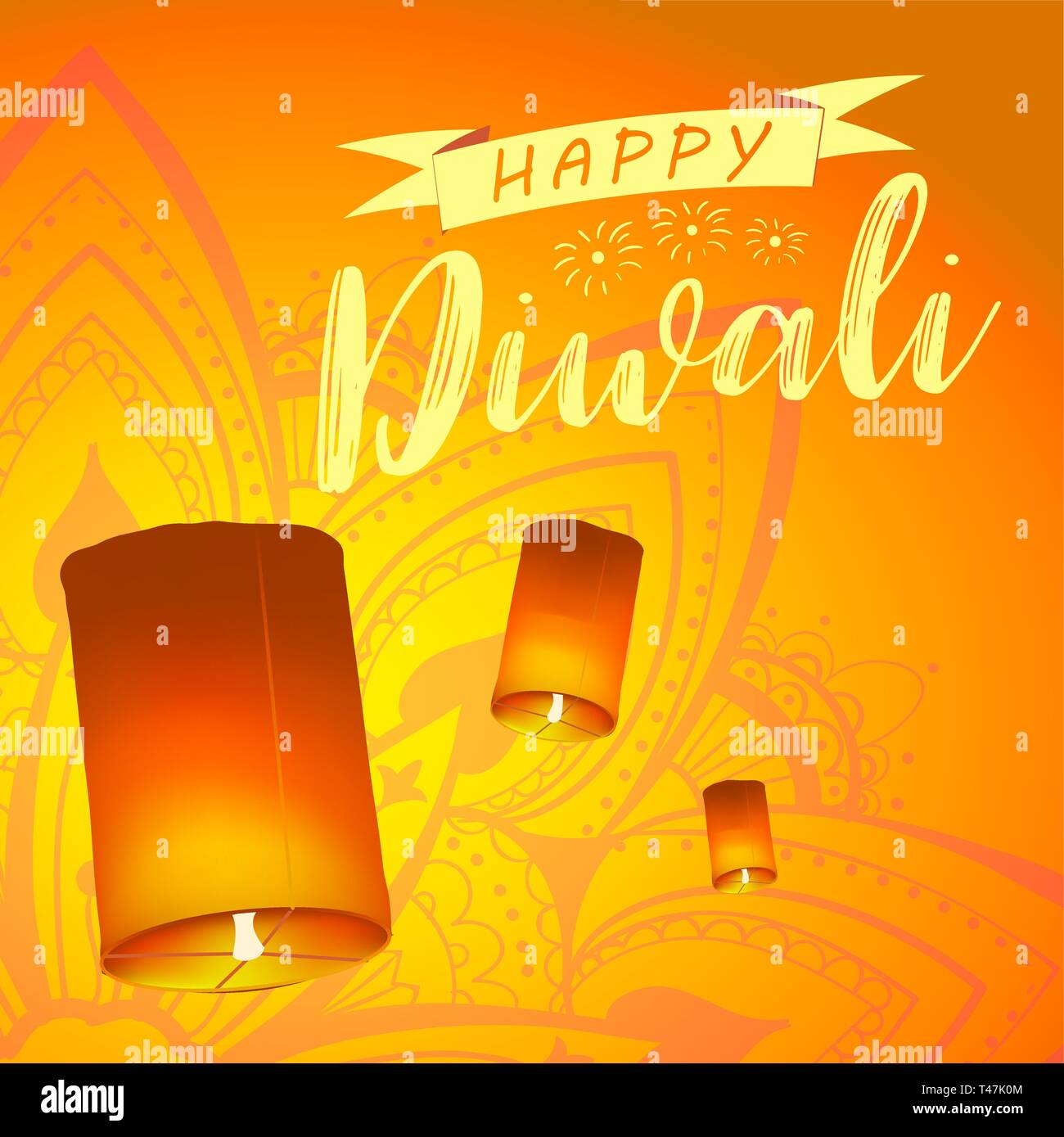 Post card for Diwali festival with realistic sky lanterns and mandala ...