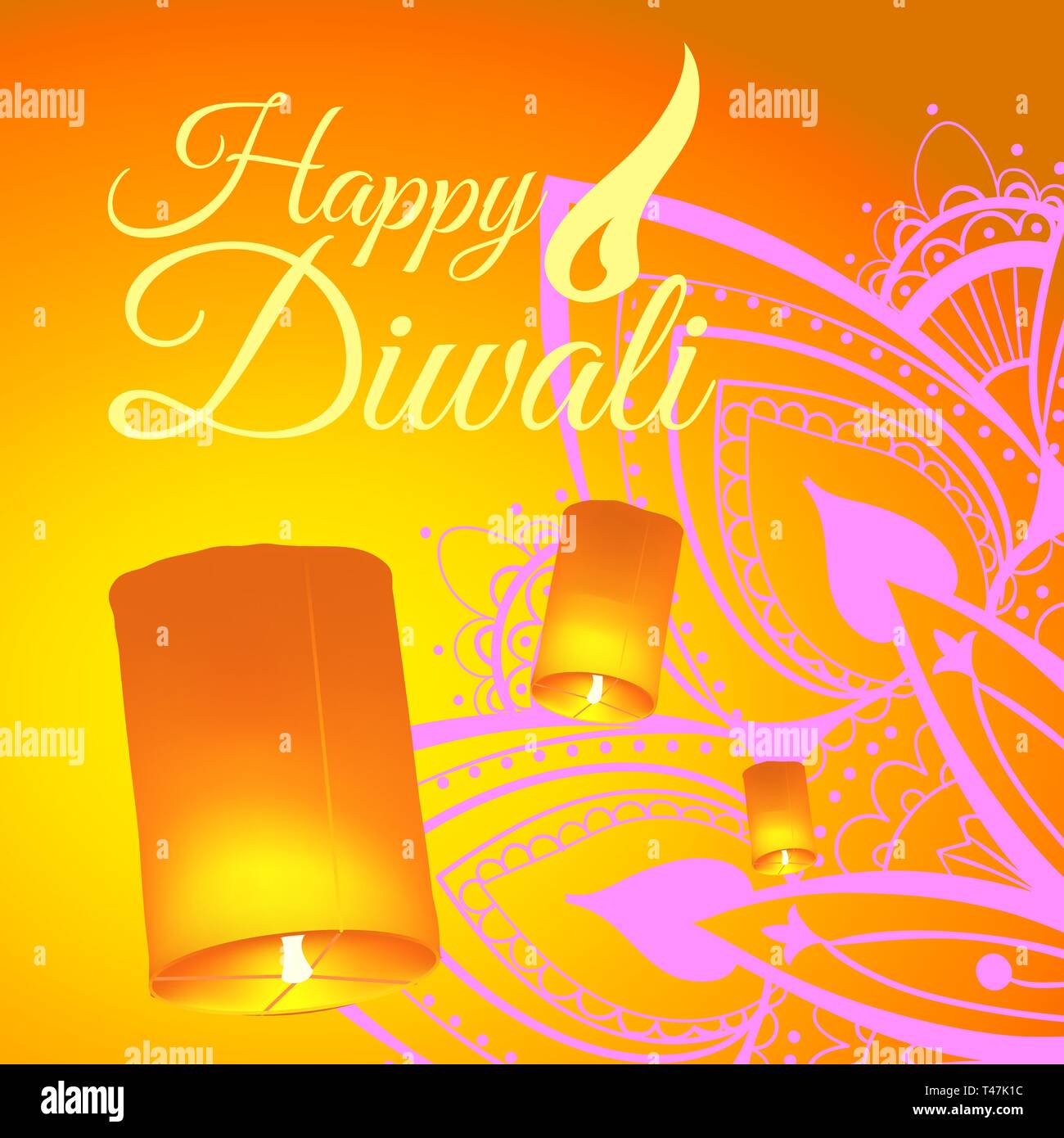 Post card for Diwali festival with realistic sky lanterns and mandala ...