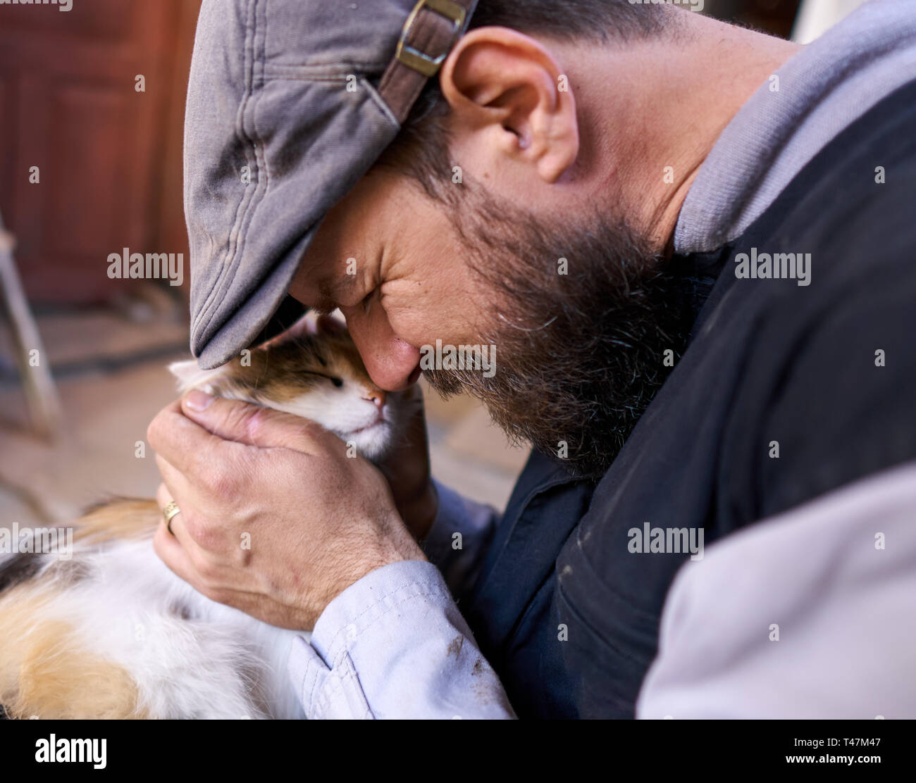Farmer playing with his cat outdoor Stock Photo - Alamy