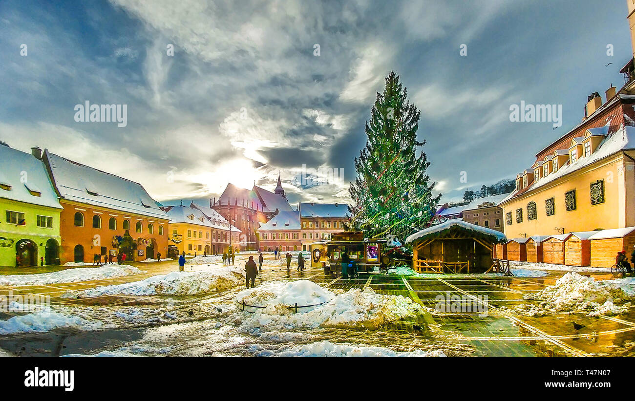 Christmas market and decorations tree in the main center of Brasov city ...