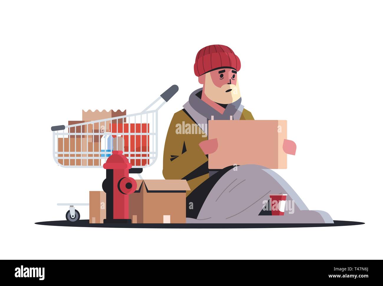 poor man with belongings in a trolley sitting on street begging for ...