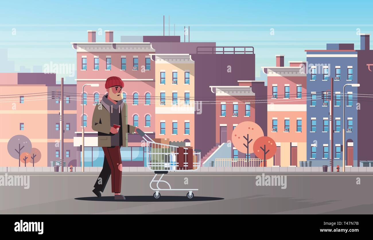poor man pushing trolley cart with belongings beggar guy walking street ...