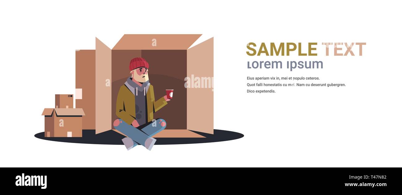 poor man sitting cardborad box guy begging for help beggar holding ...