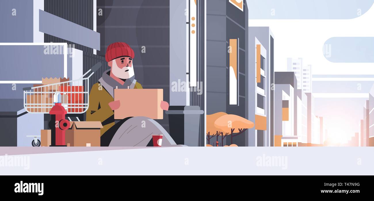 poor man with sitting on floor begging for help beggar guy holding sign ...