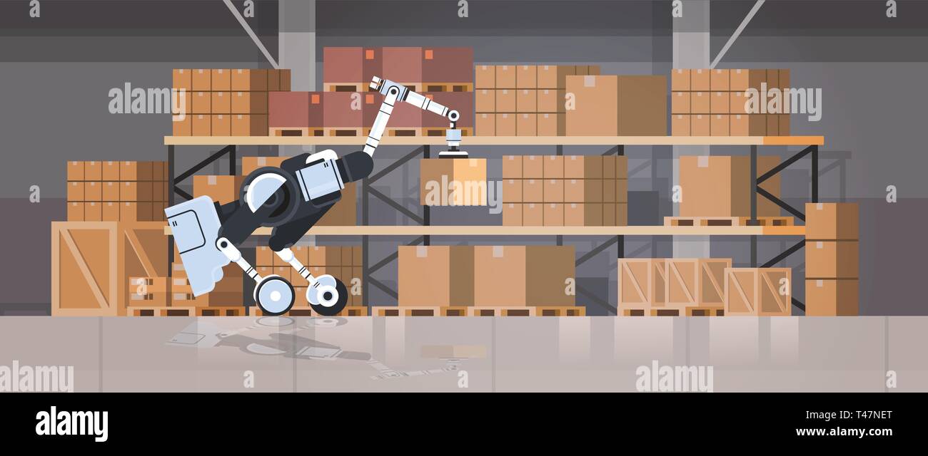 robotic worker loading cardboard boxes hi-tech smart factory warehouse ...