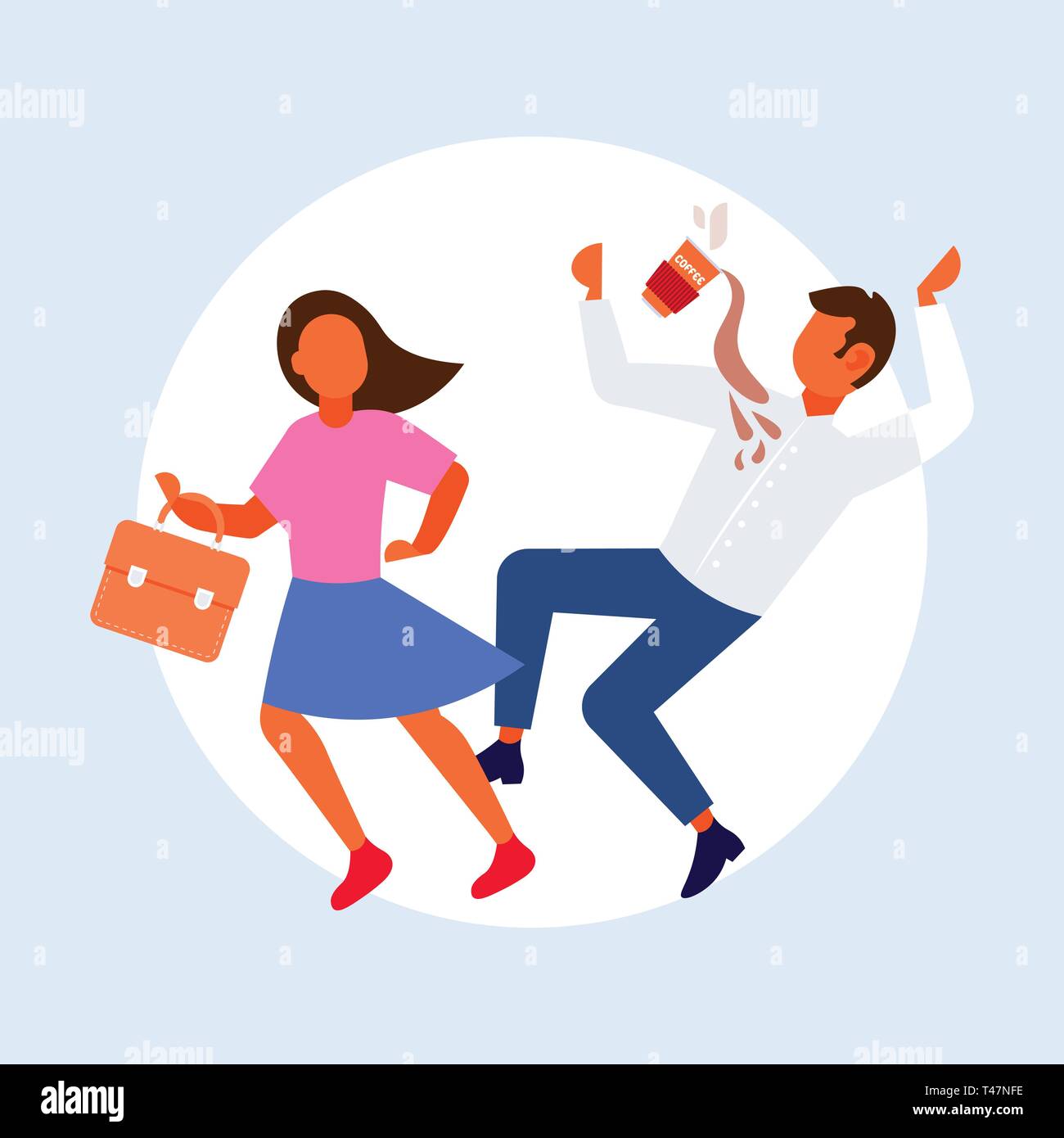 woman knocking man with coffee cup falling down failure accident ...