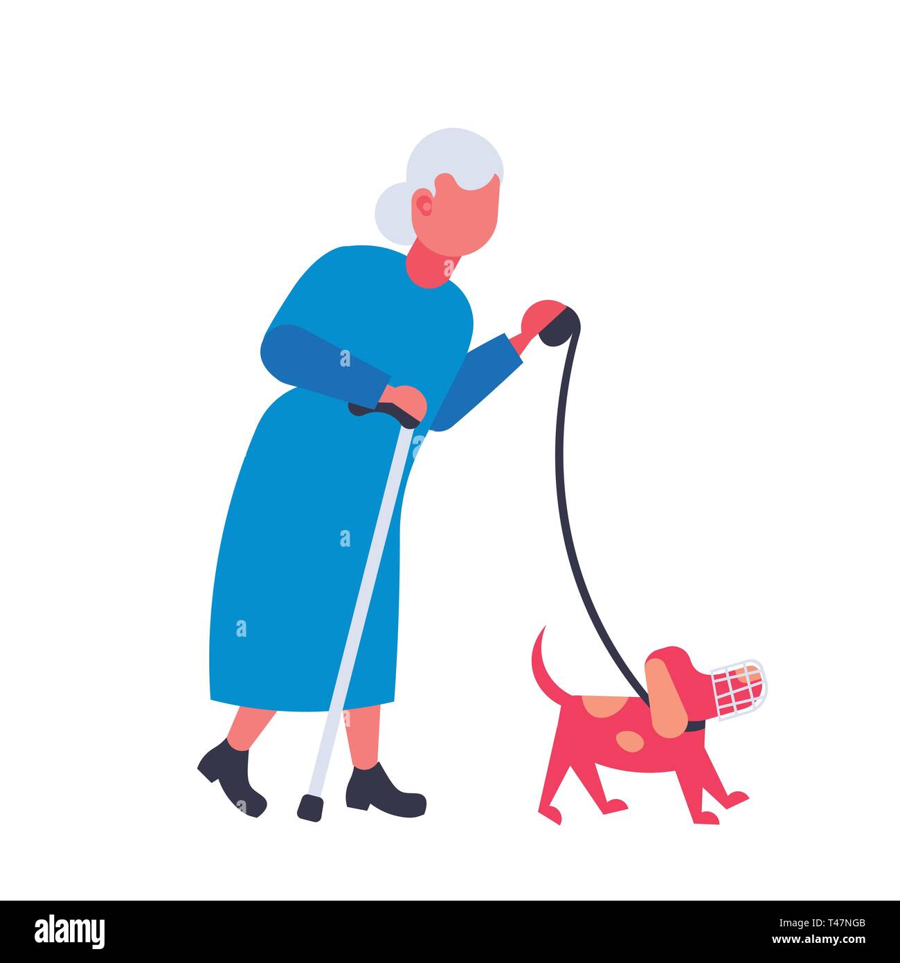senior woman walking with dog in muzzle grandmother and animal pet ...