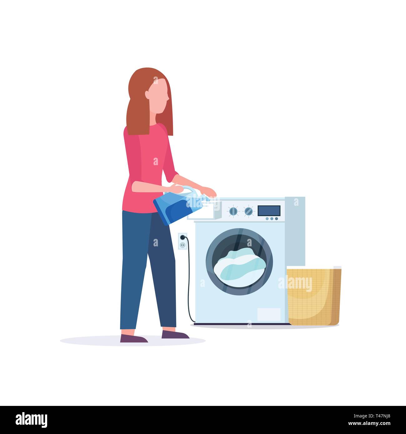woman pouring powder gel into washing machine housewife doing housework ...