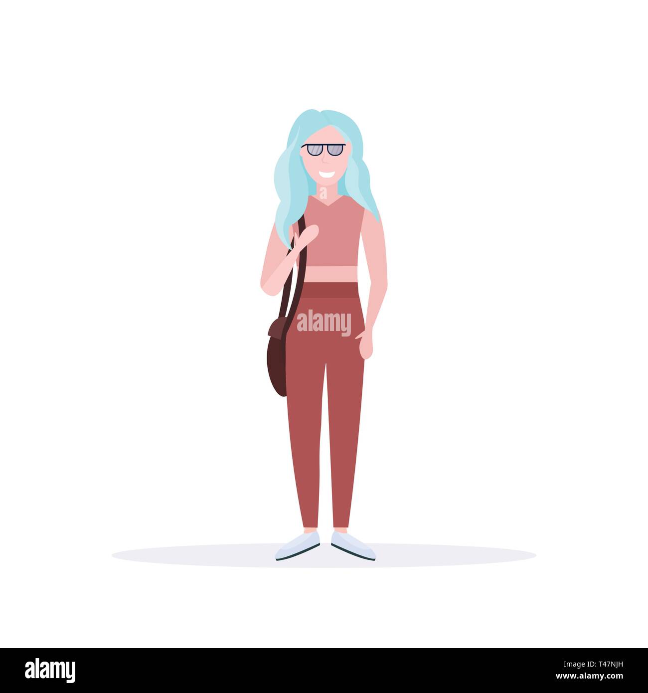 happy casual woman standing pose smiling lady holding handbag female ...