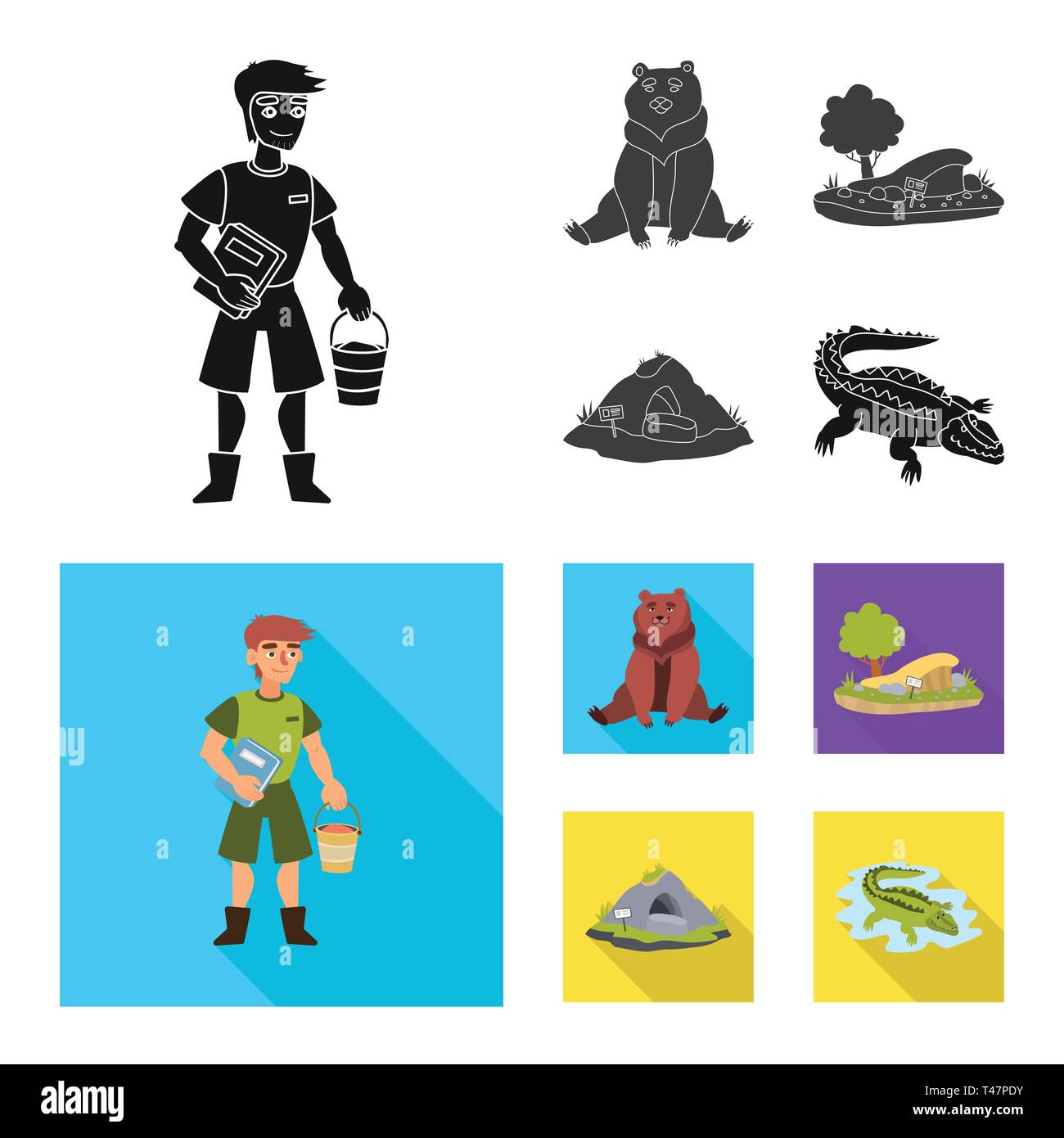 zookeeper,bear,trees,cave,crocodile,man,brown,sand,alligator,worker ...