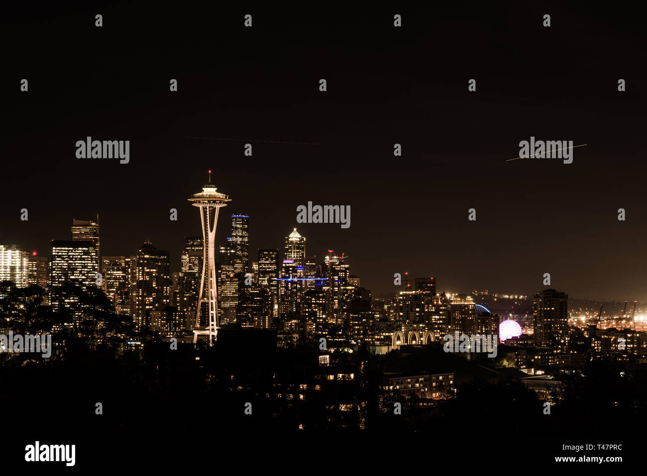 Night view of the Seattle skyline with the Space Needle and other ...