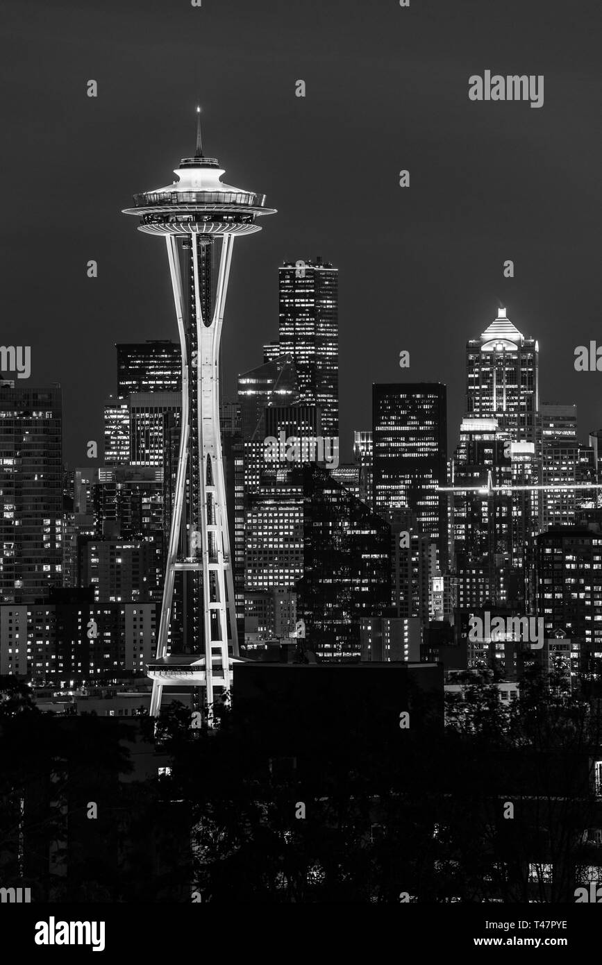 Black and white image of the Seattle Space Needle and other emblematic ...