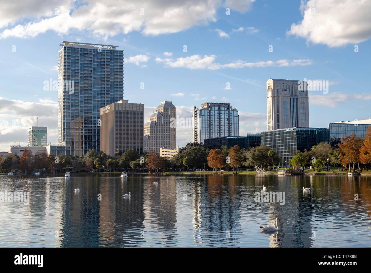 View from Lake Eola Park to Lake Eola and Skyline, Downtown, Orlando ...