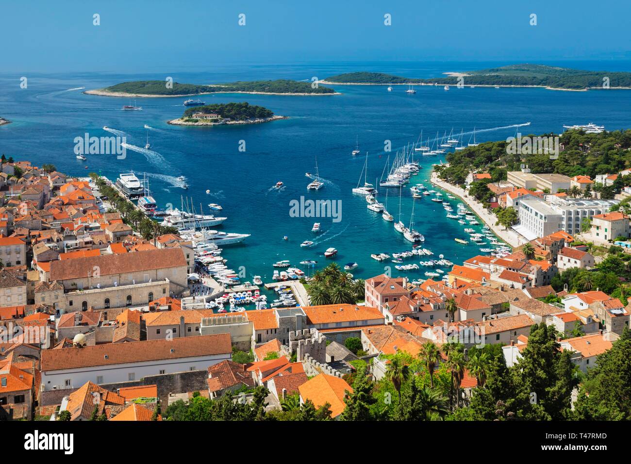 Overview of Old Town with harbour and Pakleni Islands, Hvar, Hvar ...