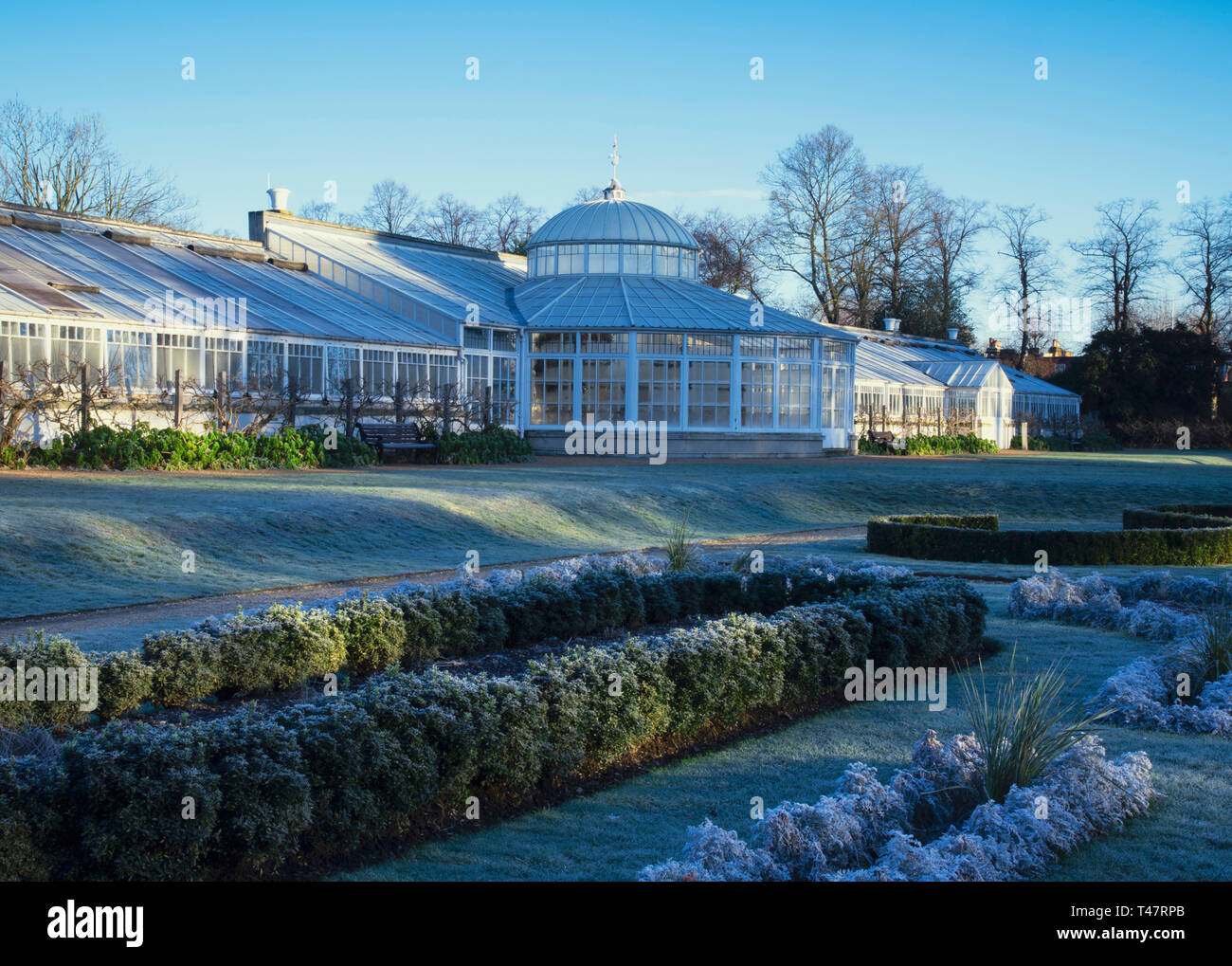 The conservatory surrounded by frost covered plants in the Italian ...
