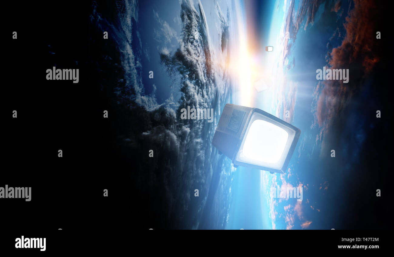 TV sets flying in space Stock Photo - Alamy