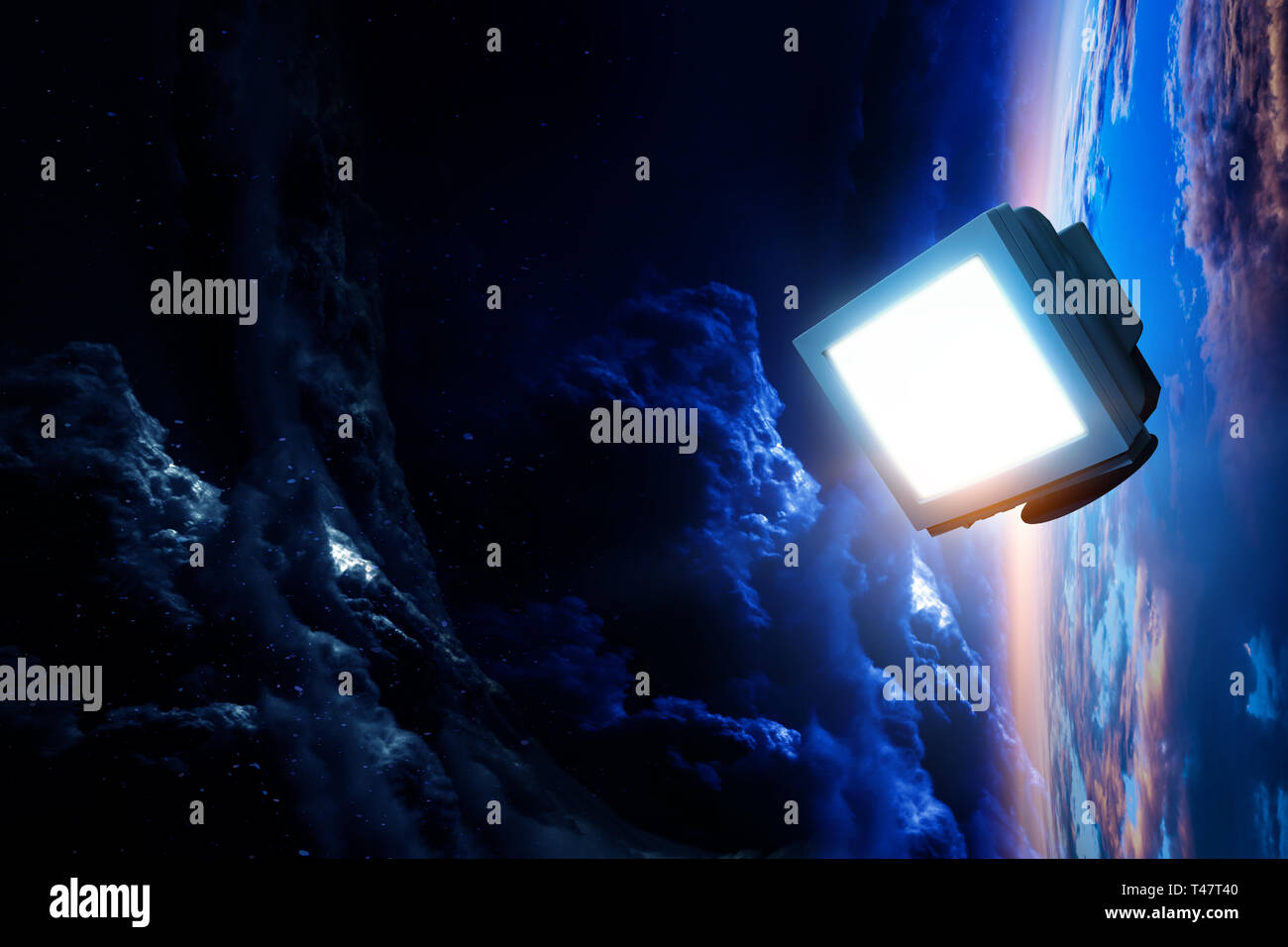 Retro pc screen flying in space Stock Photo - Alamy