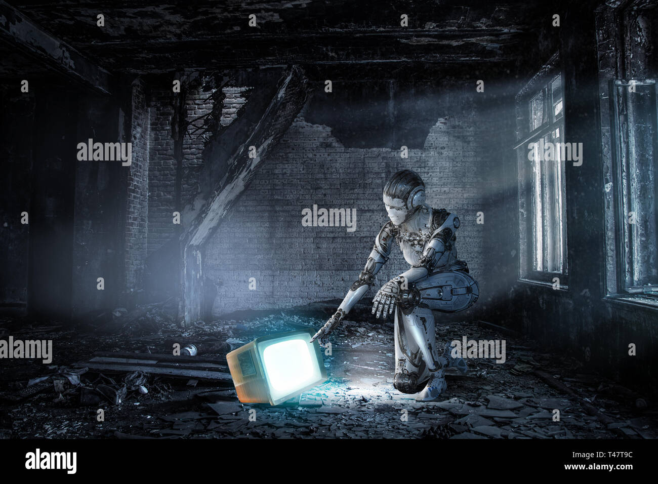 Cyborg silver woman sitting on one knee and smiling Stock Photo - Alamy