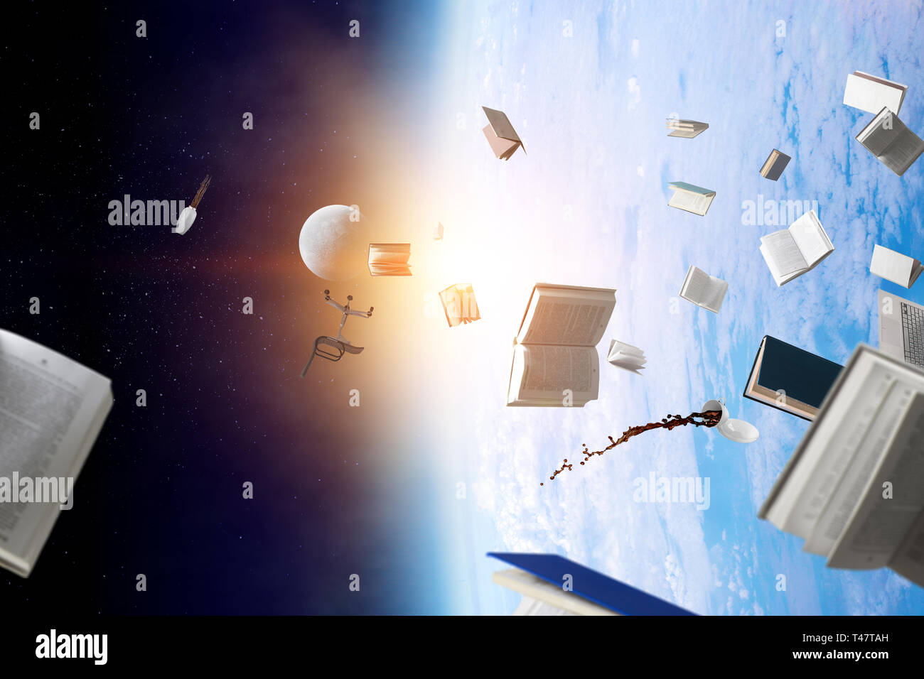Planet orbit with office stuff flying around Stock Photo - Alamy