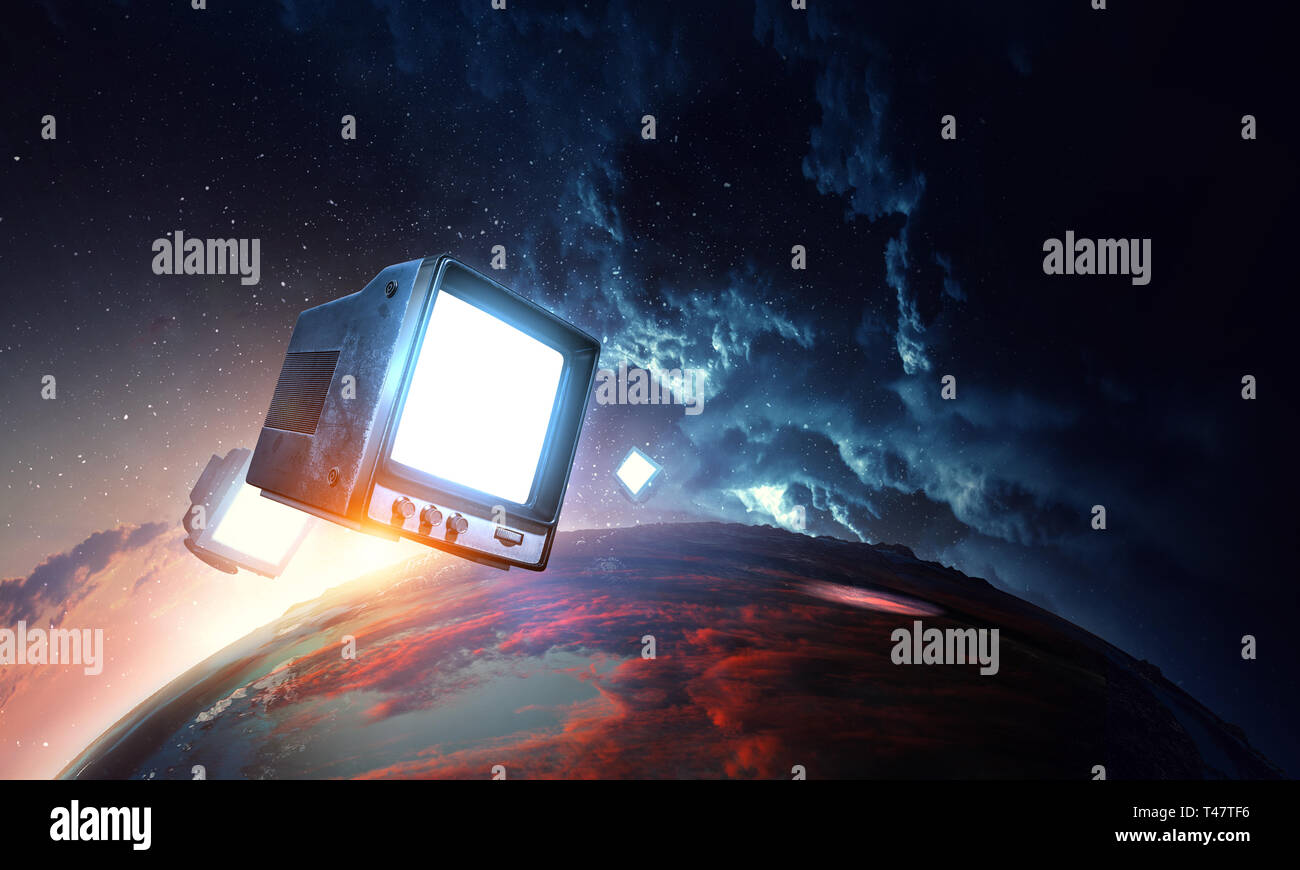 Retro TV flying in space Stock Photo - Alamy