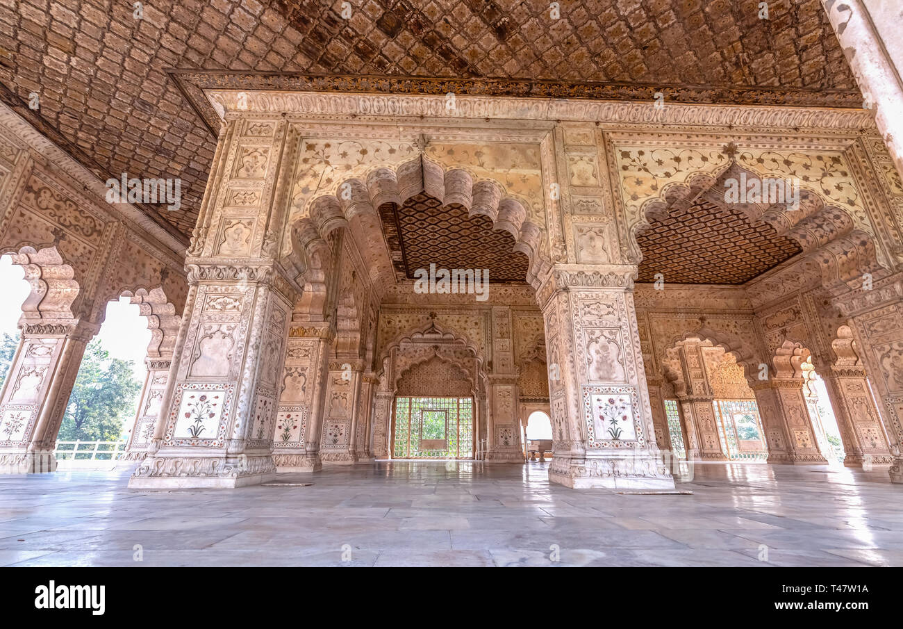 Red Fort Delhi white marble architecture with intricate carvings of the ...