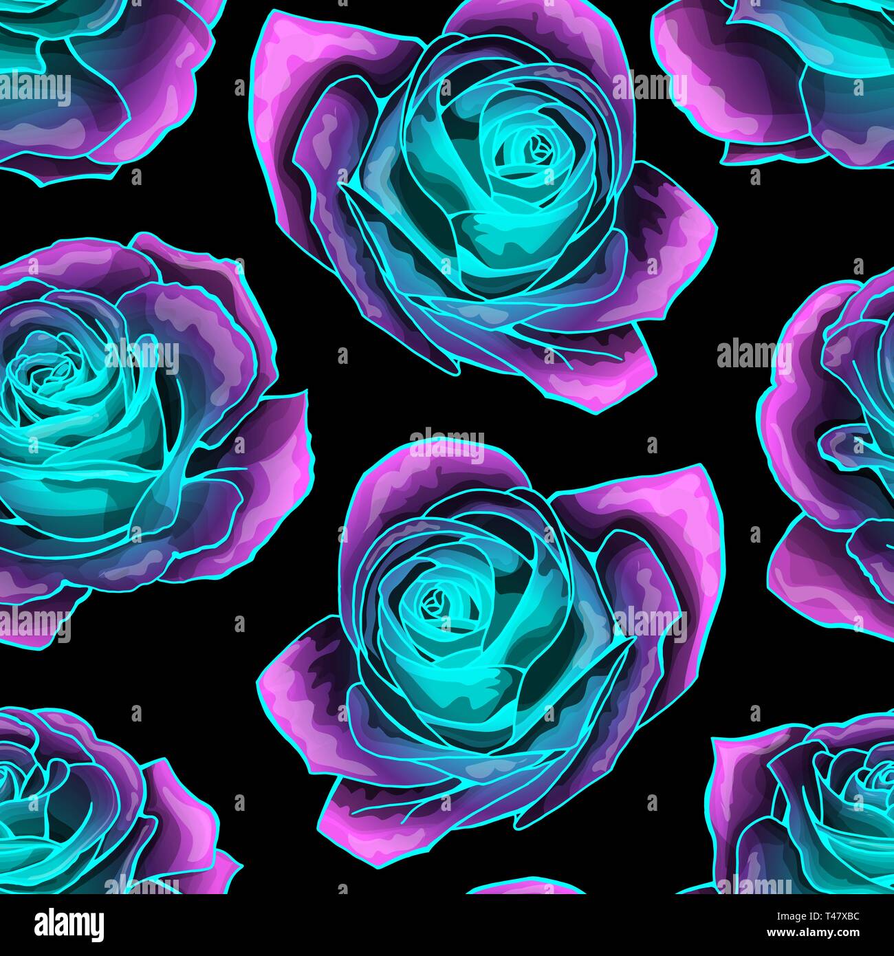 Vector seamless pattern with mysterious neon glowing roses background ...