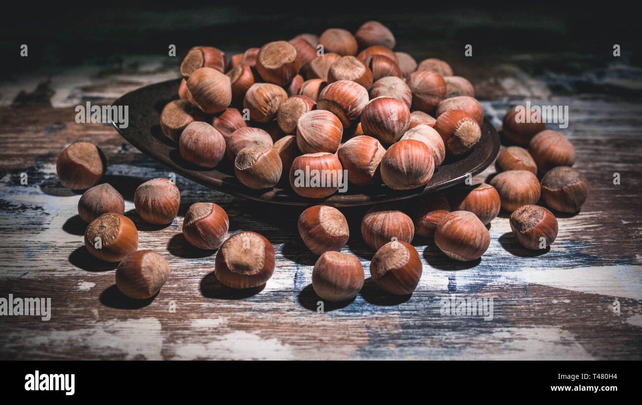 Banner. Hazelnut nuts on a dark background. Low key lighting Stock ...