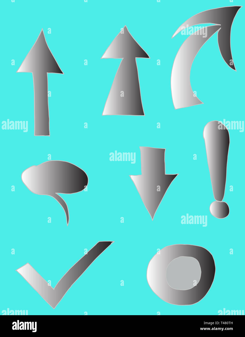 Set of characters - gray gradient on arrows, cursor, exclamation mark ...