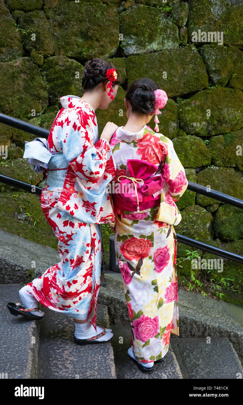Kyoto, Japan - June 9, 2017: Two young ladies in traditional clothing ...