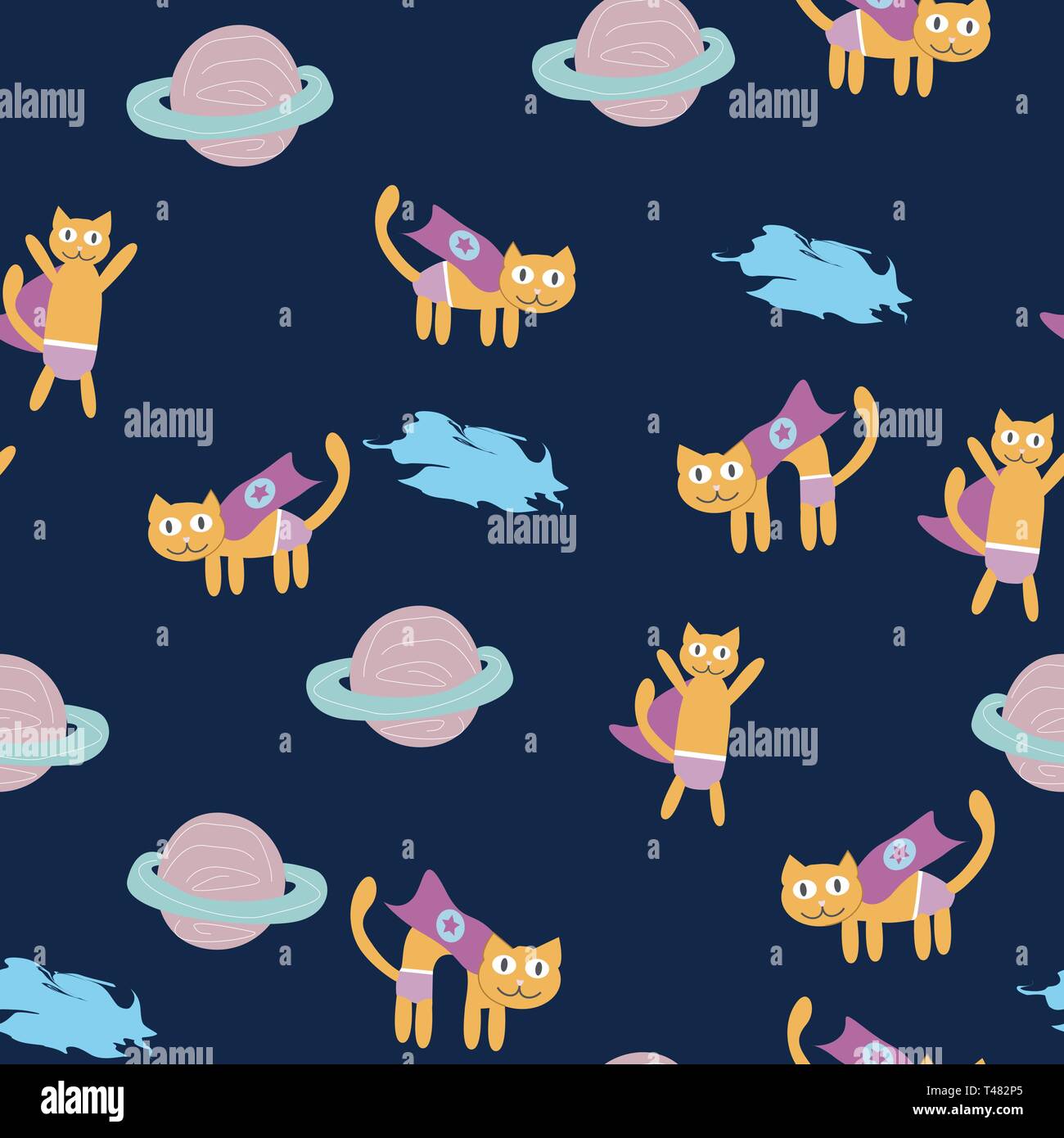 Space Cat Hero. Pattern with a flying cat in space, planets, rocket ...