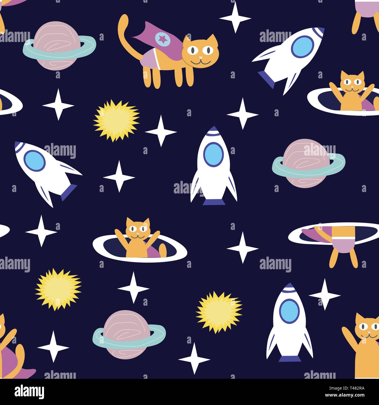 Space Cat Hero. Pattern with a flying cat in space, planets, rocket ...