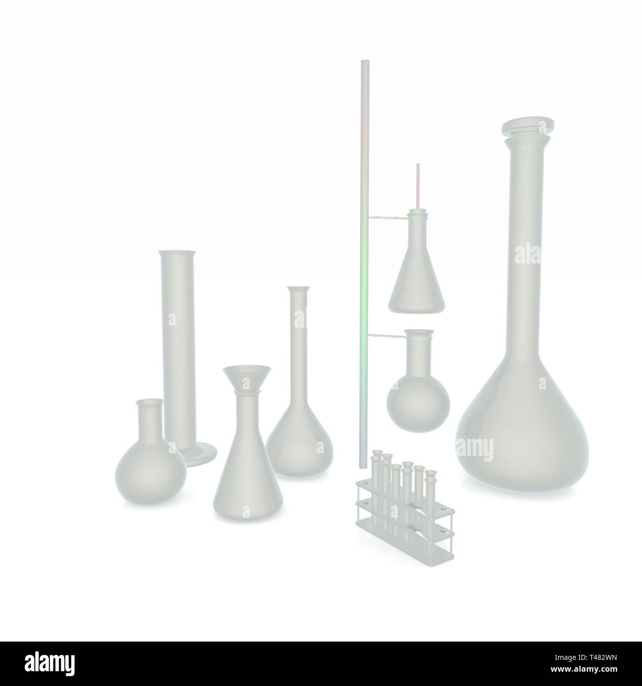 Chemistry set, with test tubes, and beakers filled with colored liquids ...