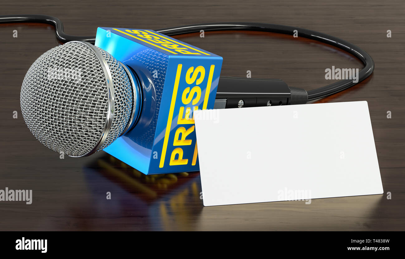 Blank business card for journalist or tv correspondent on the wooden ...