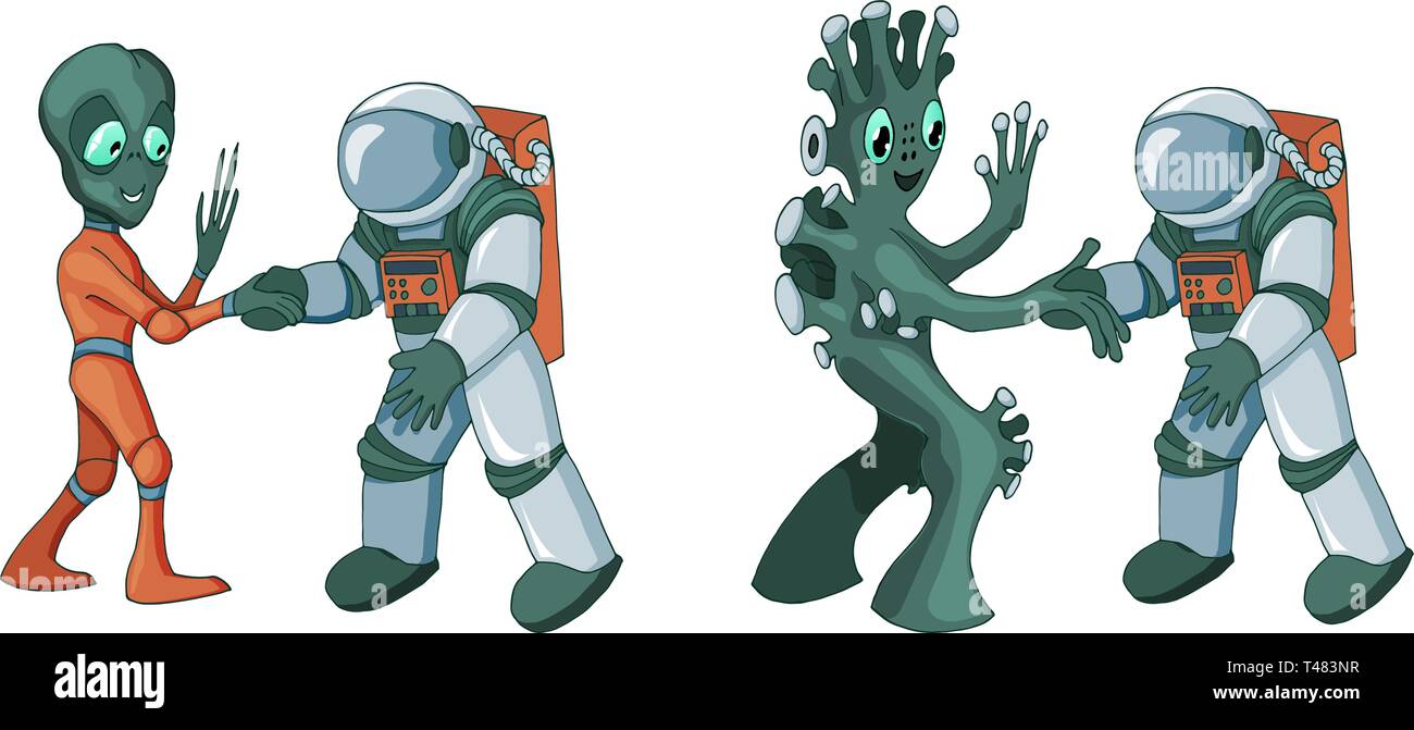 Cartoon alien meeting and handshake in space isolated on white ...
