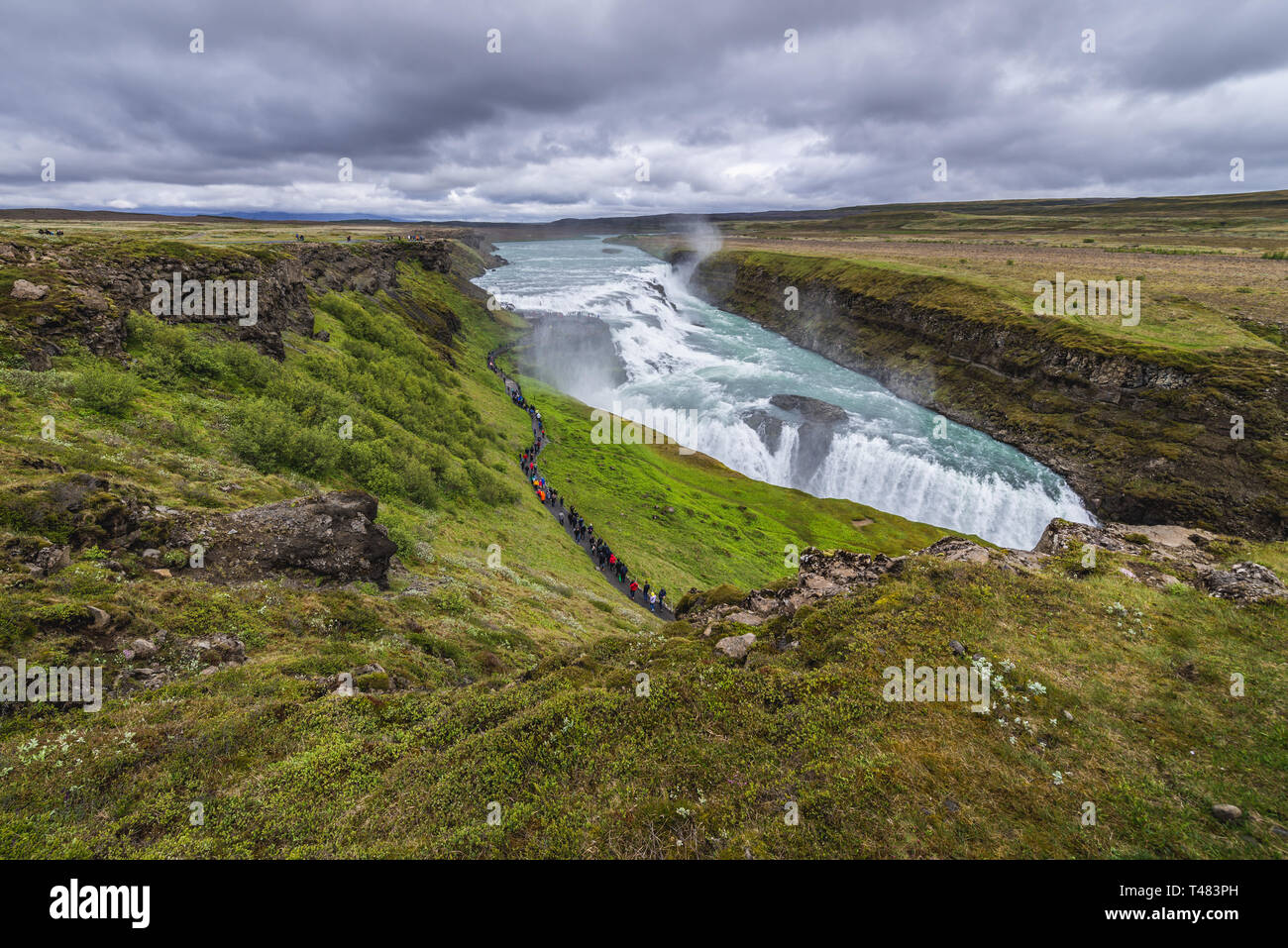 Aerial view of Gullfoss waterfall in the canyon of the Hvita river in ...