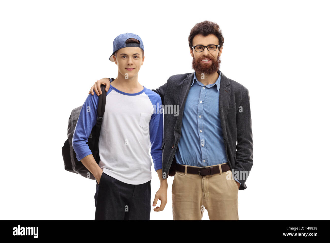 Father and his teenage student son posing isolated on white background ...