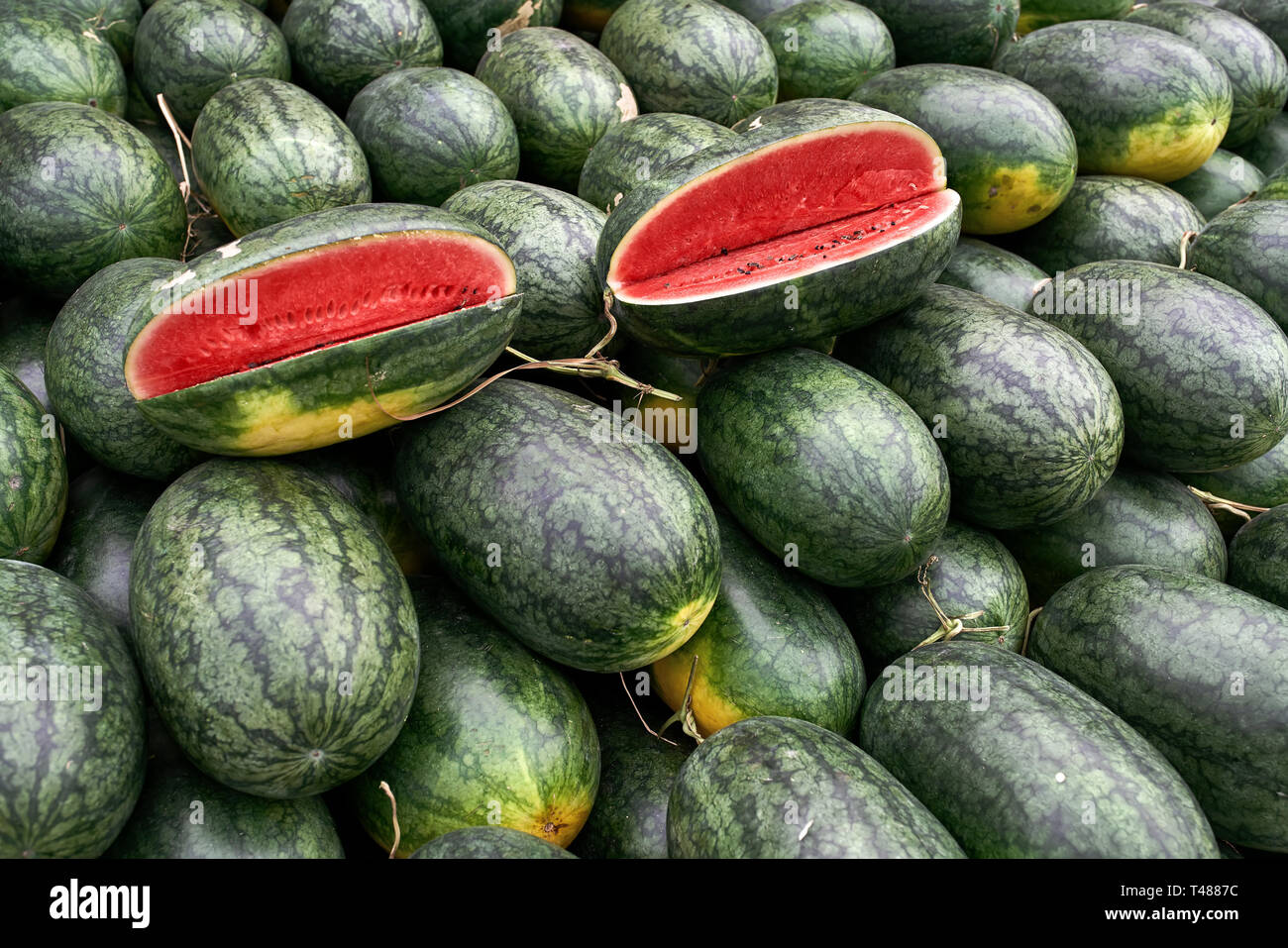 Rows of green watermelons which lying on each other outdoors Stock ...