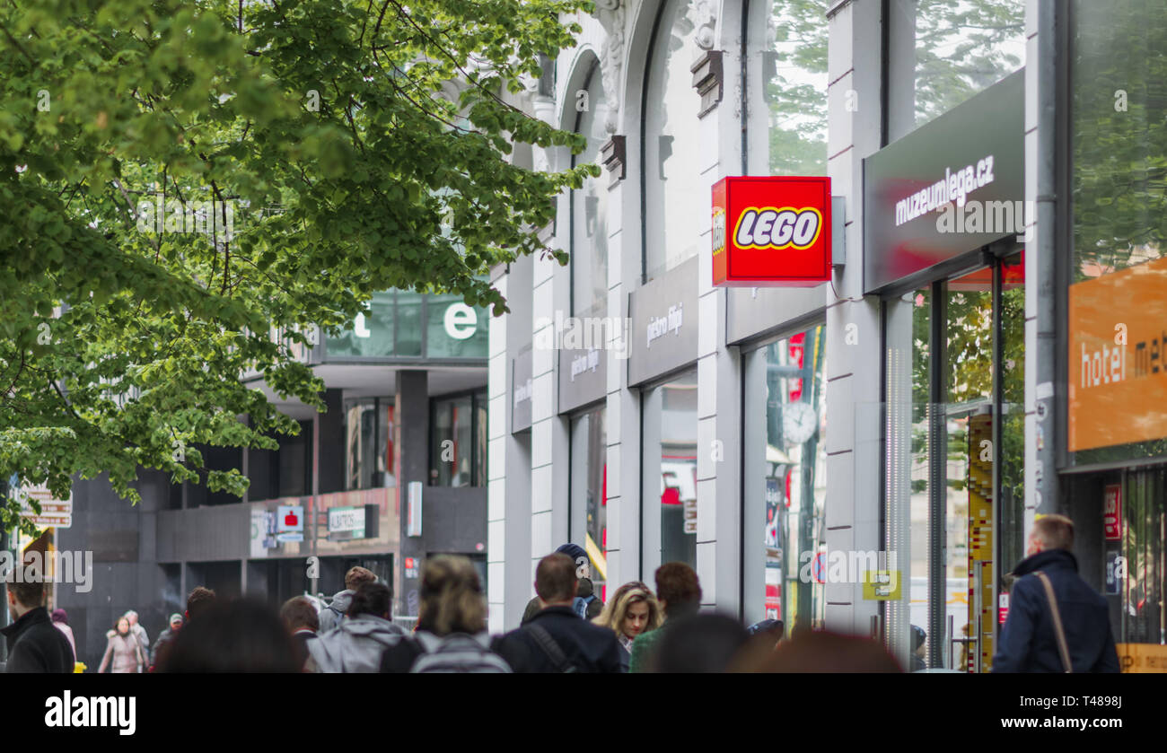 PRAGUE, CZECHIA - 12TH APRIL 2019: The red Lego logo outside the Museum ...