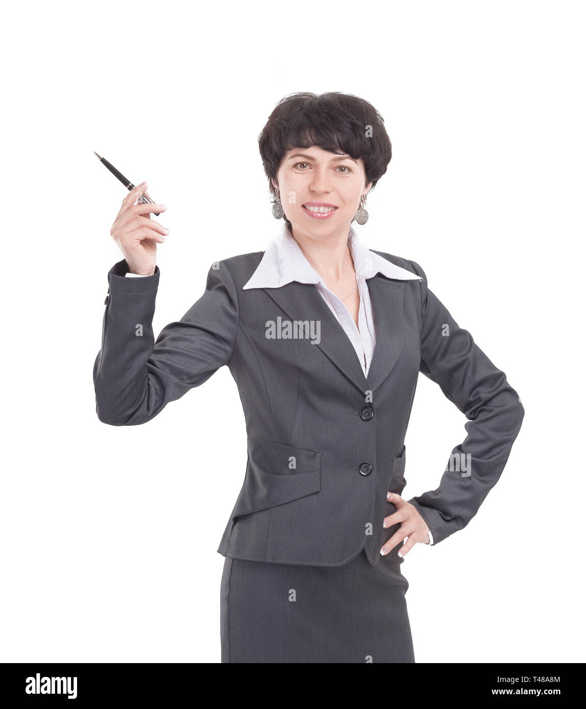business woman pointing her pen at copy space.isolated on white ...