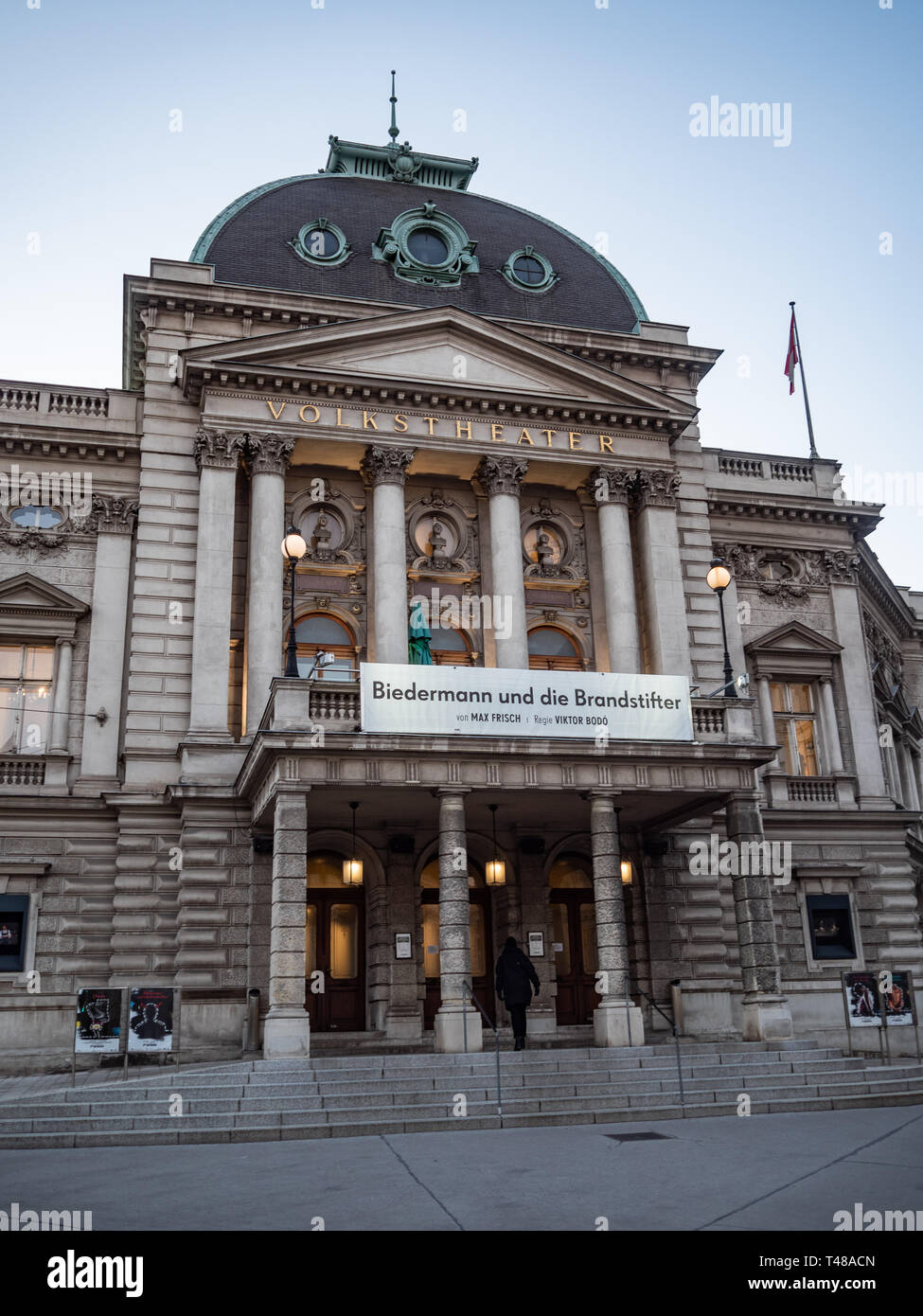 Vienna, Austria, 23 February 2019. Imposing facade of Volkstheater ...