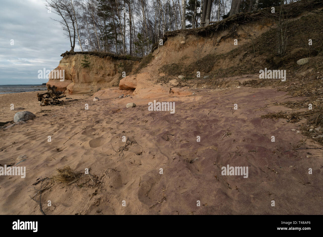 Limestone beach at the Baltic Sea with beautiful sand pattern and vivid ...