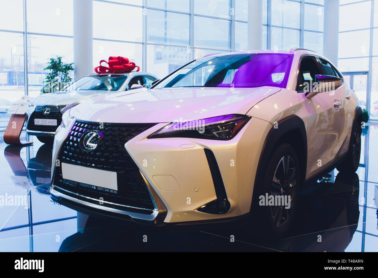 Ufa, Russia, lexus Shop, 23 January, 2019: Side view of White Lexus UX ...
