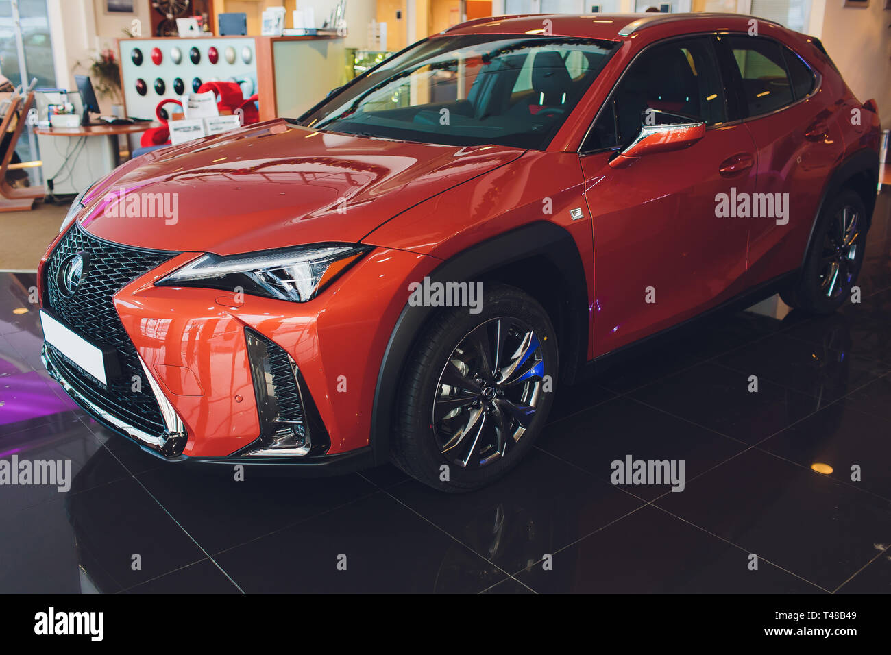 Ufa, Russia, lexus Shop, 23 January, 2019: Side view of White Lexus UX ...