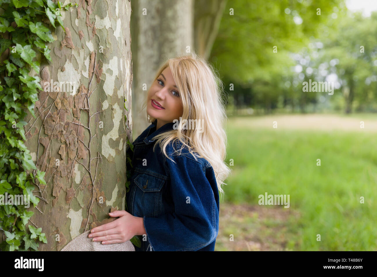 Beautiful young blonde woman hugging a huge old tree Stock Photo - Alamy